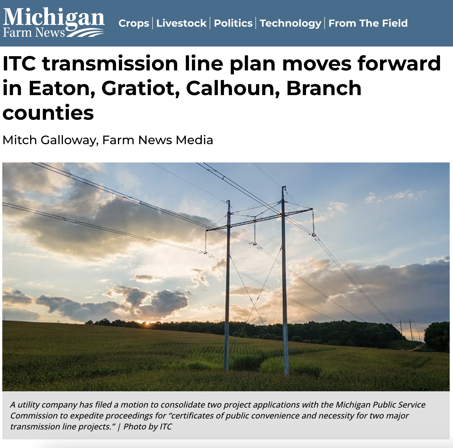 Alan and Matthew quoted in Farm News article on ITC transmission line ...